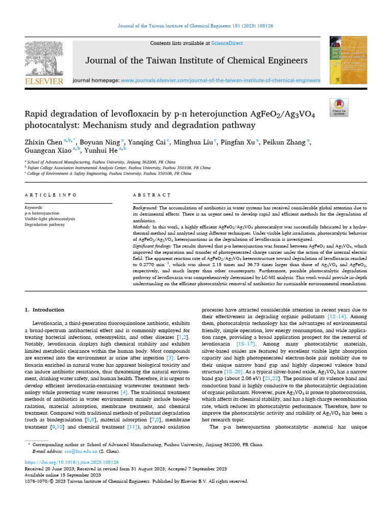 BB3 - Rapid Degradation of Levofloxacin - 9tr | PDF | X Ray Photoelectron Spectroscopy | Catalysis
