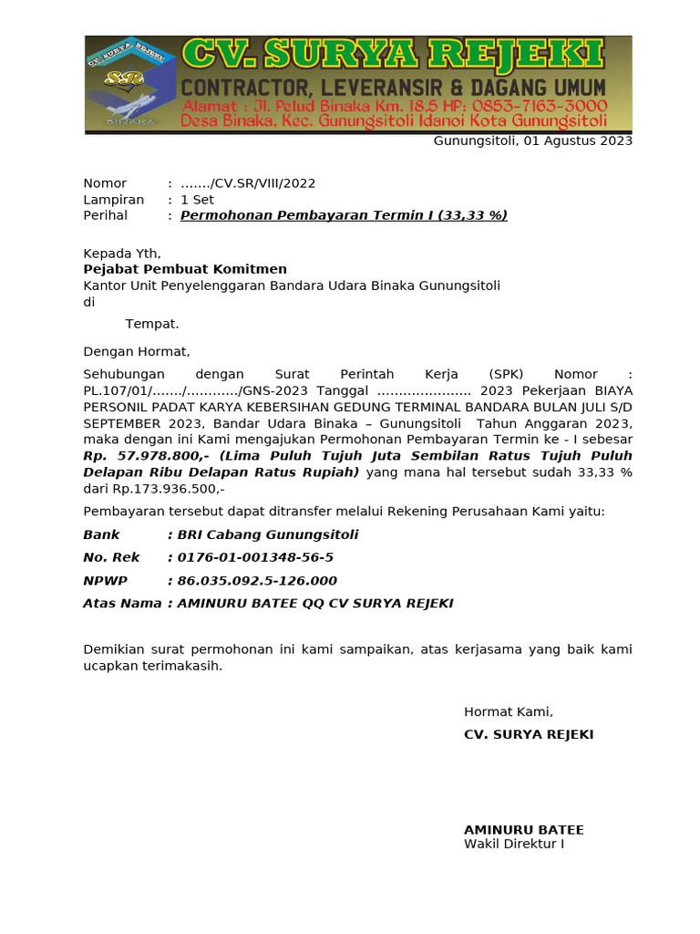 SURAT PERMOHONAN PEMBAYARAN | PDF
