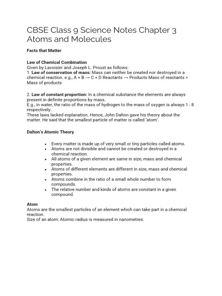 CBSE Class 9 Science: Atoms & Molecules Notes | PDF | Ion | Mole (Unit)