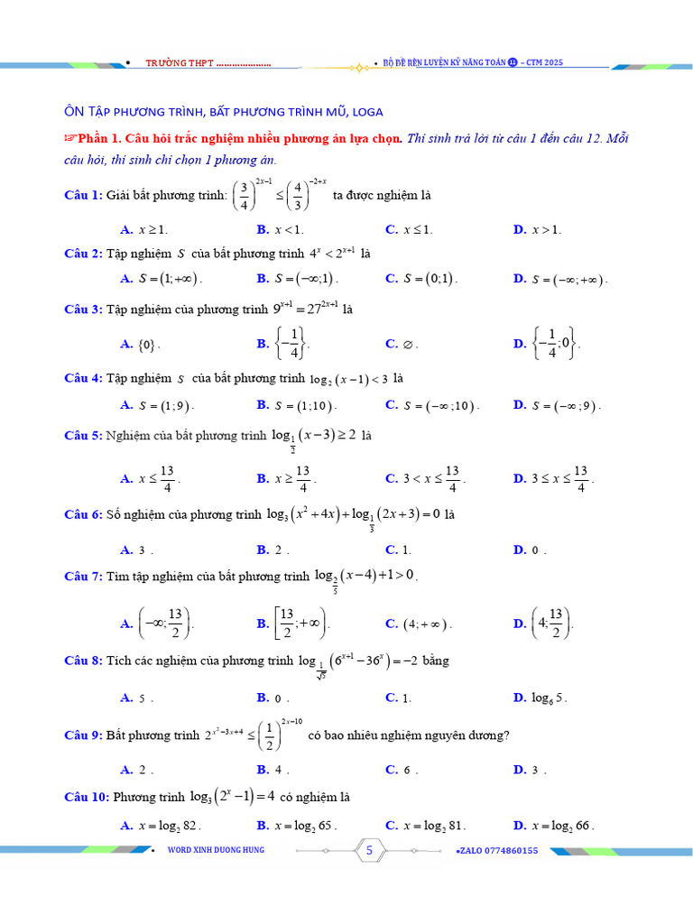 ÔN tập PT,BPT Mũ, Lôgarit | PDF