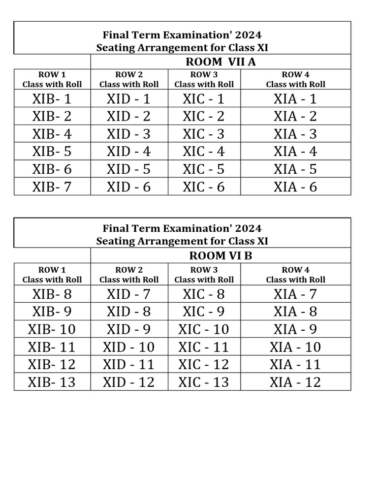 Class XI Exam Seating Arrangement 2024 | PDF
