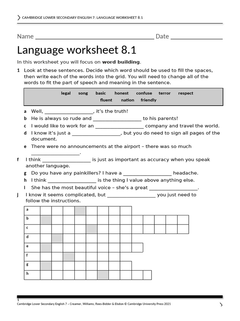 English - 7 - Lang - Worksheet - 8.1 Word Building | PDF | English Language | Languages