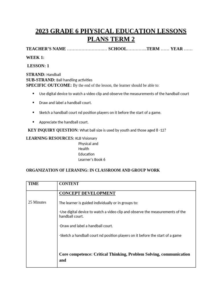 Grade 6 Physical Education Lessons Plans 2024 | PDF | Learning ...