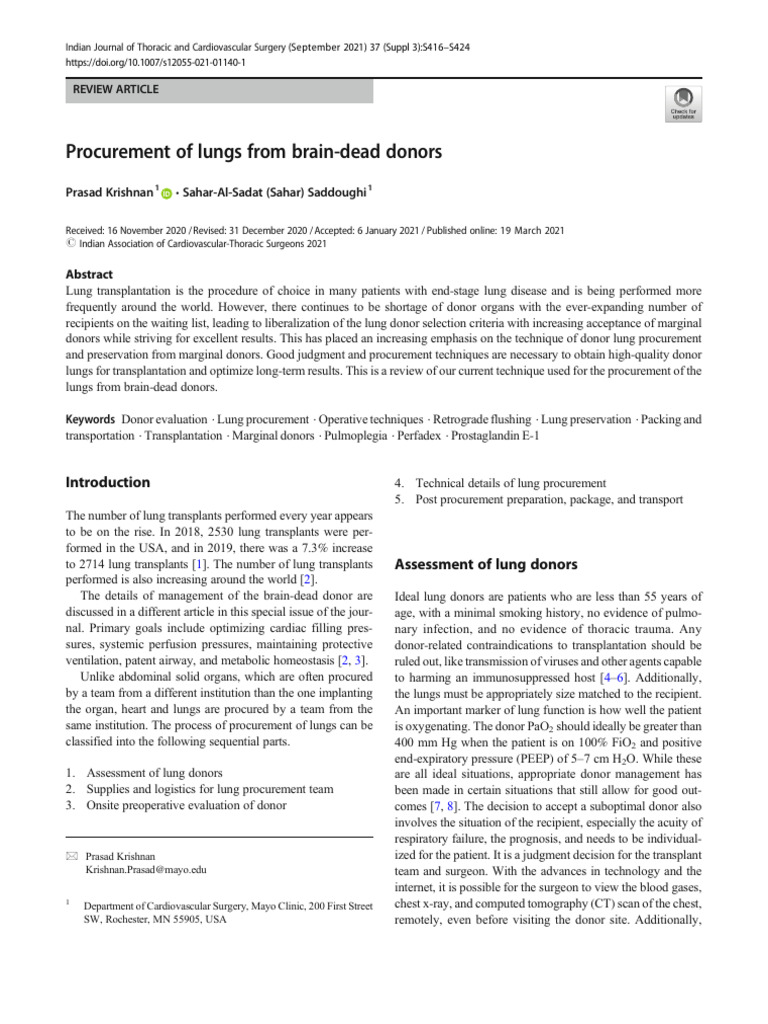 Lung Procurement from Brain-Dead Donors | PDF | Lung | Vein