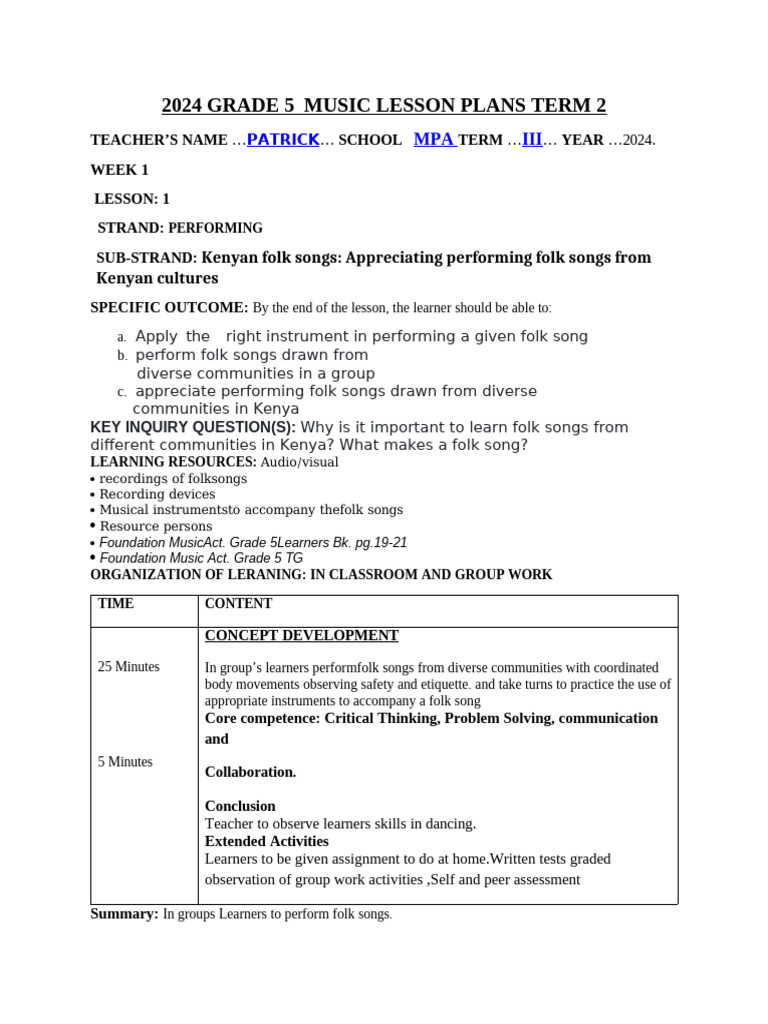GRADE 5 Creative Activities LESSON PLANS 2024 | PDF | Learning ...