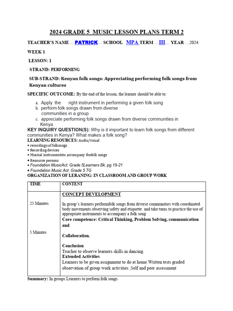 GRADE 5 Creative Activities LESSON PLANS - 2024 | PDF | Learning ...