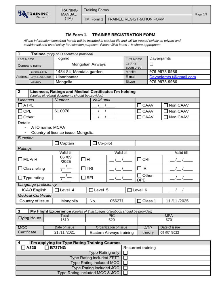 TM - Form 1. TRAINEE REGISTRATION FORM A320 | PDF | Aviation