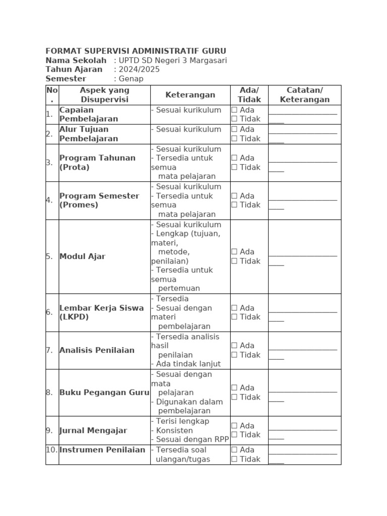 Format Supervisi Administratif Guru | PDF