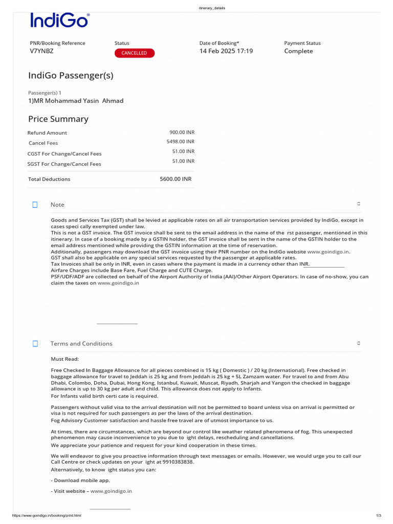 Indigo Cancelled Flight Refund Voucher | PDF | Value Added Tax ...