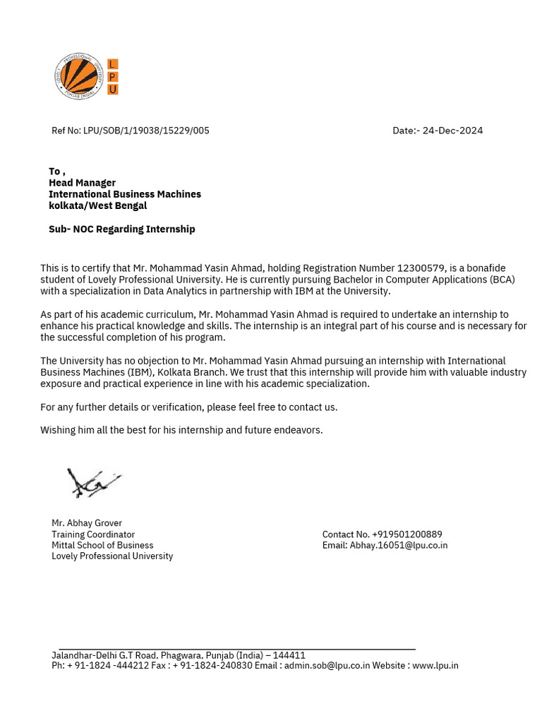 NOC for Internship at IBM for BCA Student | PDF