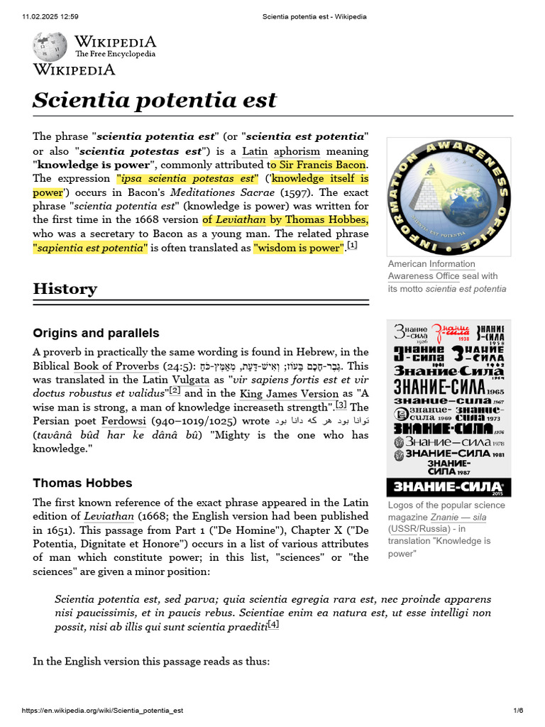 Scientia Potentia Est - Wikipedia | PDF | Francis Bacon | Thomas Hobbes