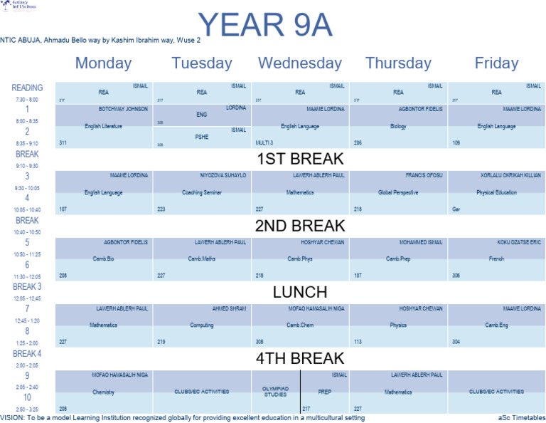 Cambridge Y9 Timetable For Year 9A | PDF