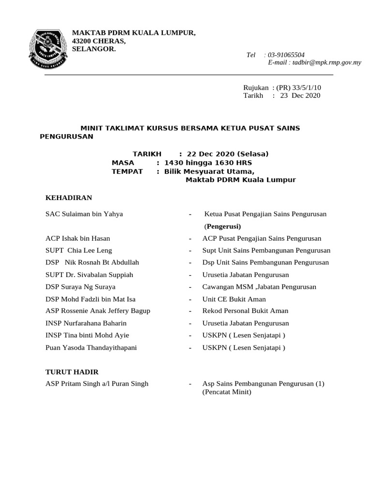 Minit Taklimat Kursus PDRM | PDF