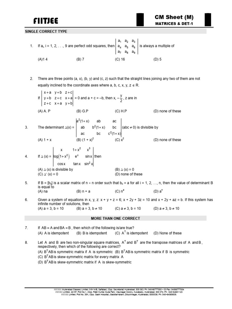 Matrices & Determinants Practice Sheet | PDF | Matrix (Mathematics) | Abstract Algebra