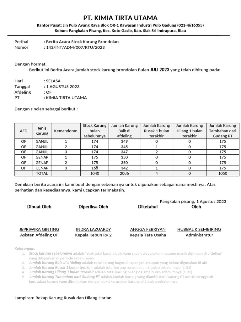 Laporan Stok Karung Brondolan Juli 2023 | PDF