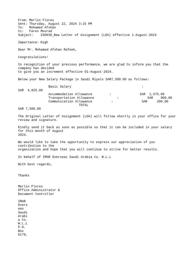 IS0039 - New Letter of Assignment (LOA) Effective 1-August-2024 | PDF