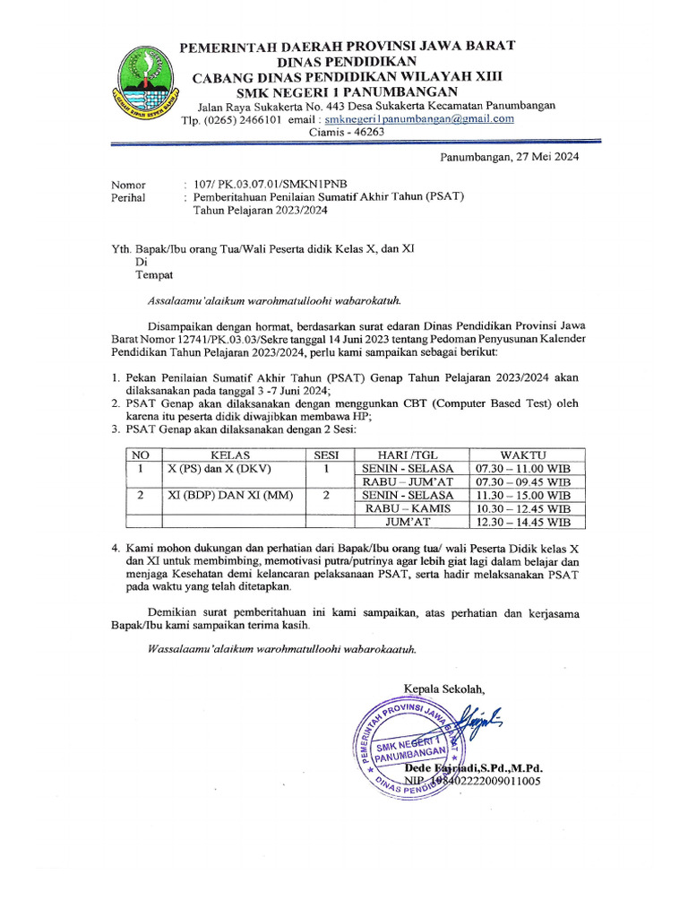 Surat Pemberitahuan PSAT | PDF