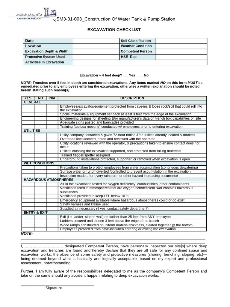Excavation Safety Checklist for Water Tank Construction | PDF | Water
