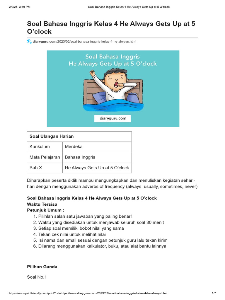 Soal Bahasa Inggris Kelas 4 He Always Gets Up at 5 O'clock | PDF