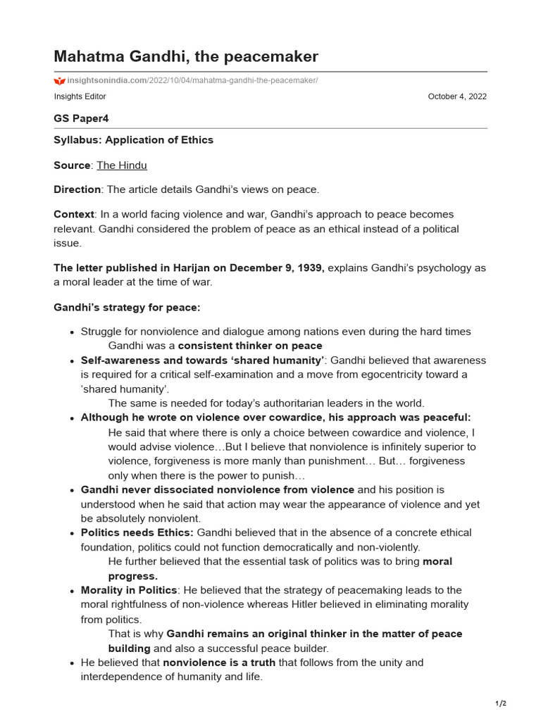 Mahatma Gandhi The Peacemaker | PDF | Mahatma Gandhi | Nonviolence