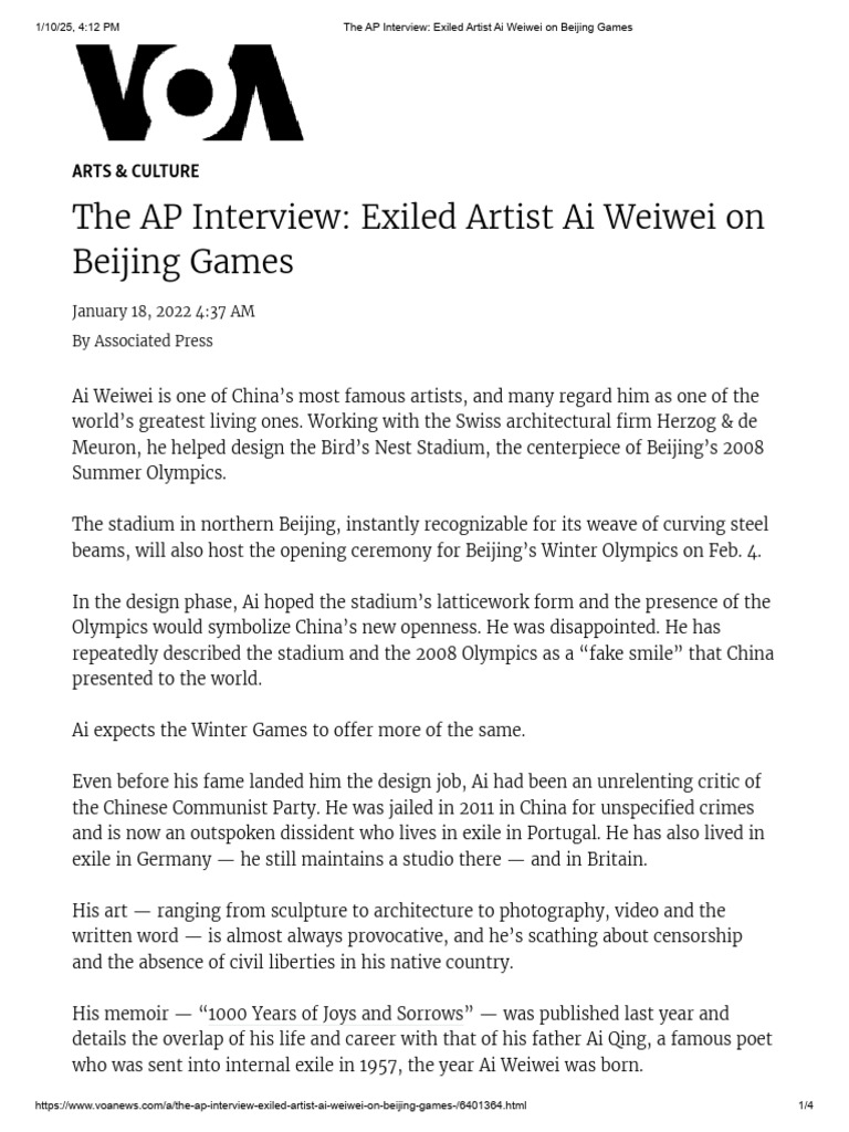 The AP Interview - Exiled Artist Ai Weiwei On Beijing Games | PDF | China | World Politics