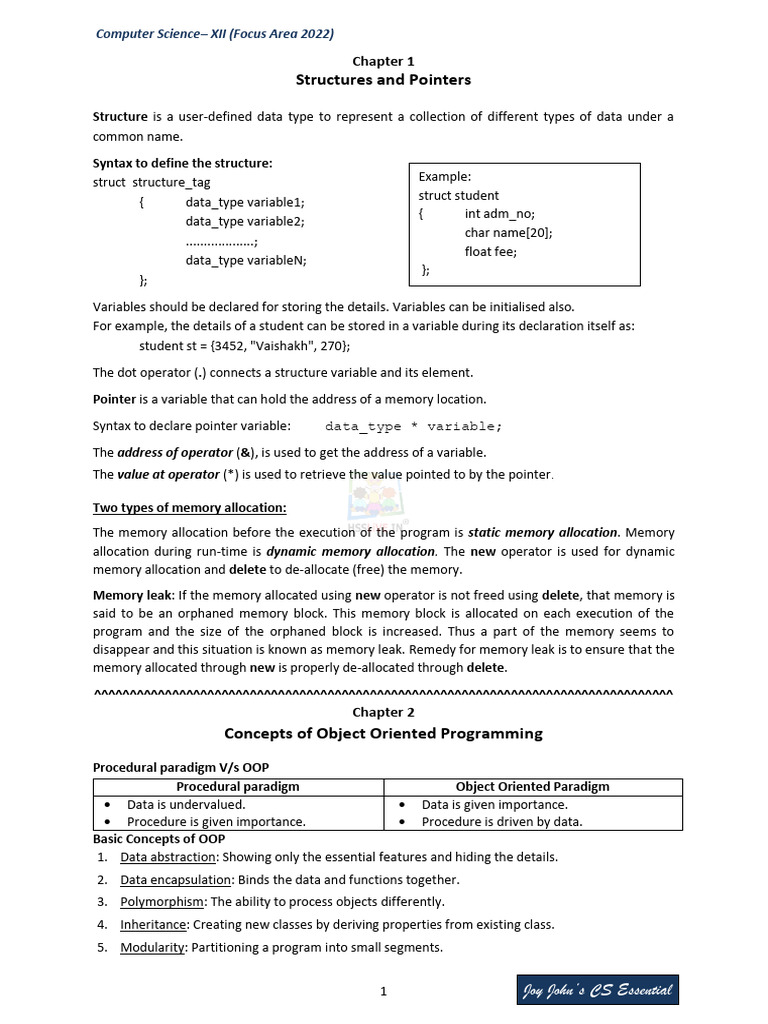 Hsslive Xii Comp Science Focus Area 2022 Joy John | PDF | Pointer ...