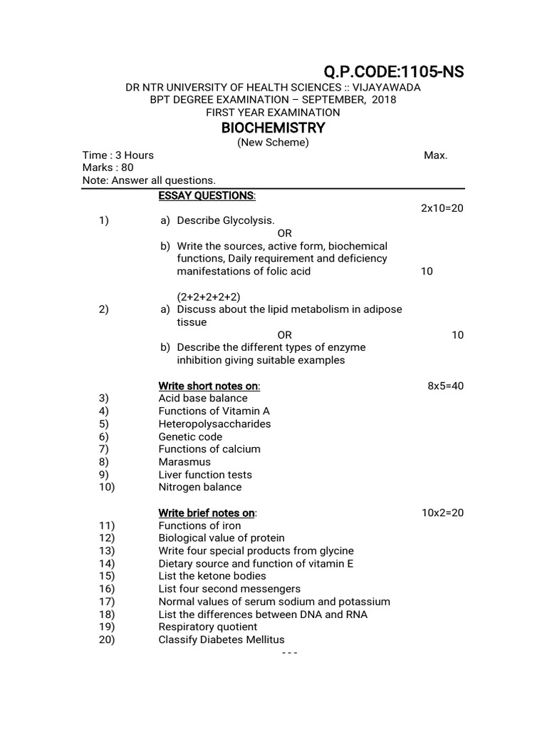 Biochemistry Previous Year Question Papers BPT AP NTR UNIVERSITY | PDF ...