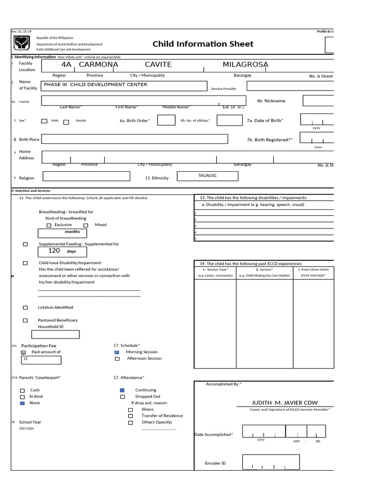 ECCD-CIS-FORM-1 | PDF | Breastfeeding | Childhood
