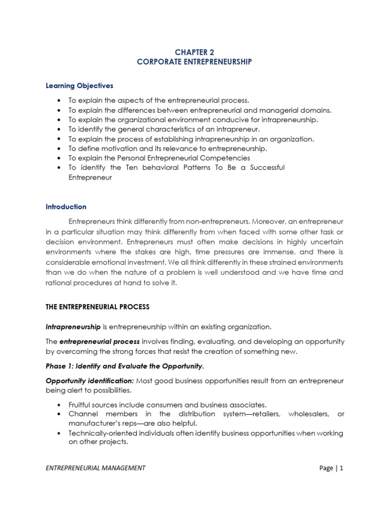 CHAPTER 2 Corporate Entrepreneurship | PDF | Entrepreneurship | Motivation
