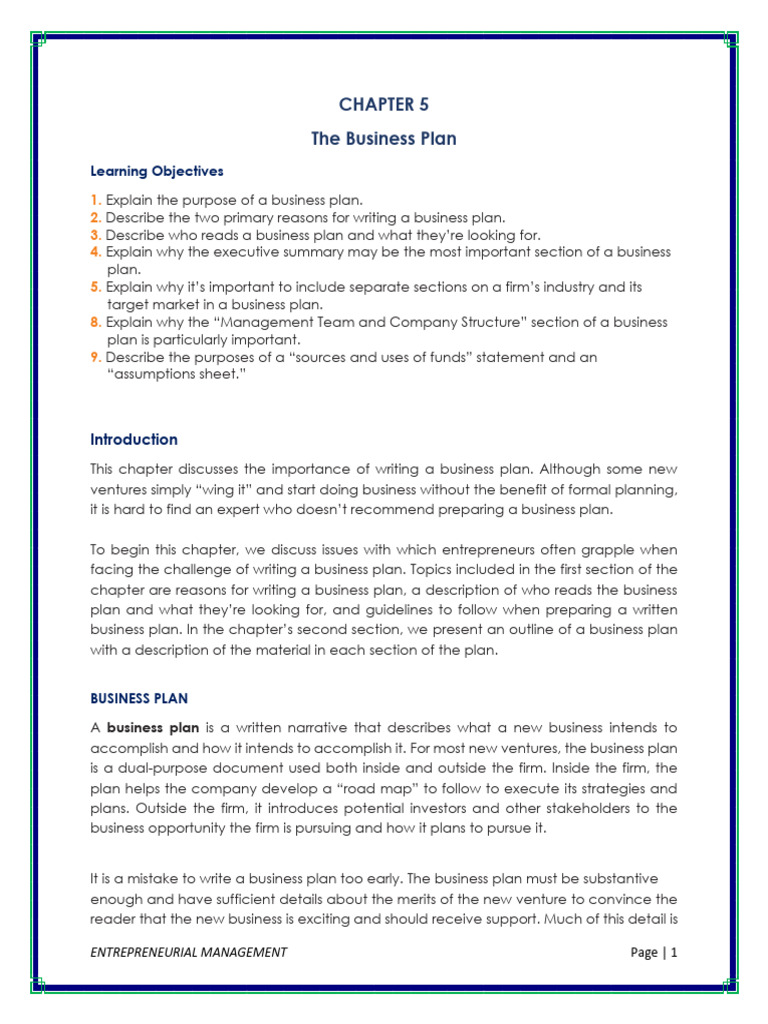 CHAPTER 5 the Business Plan | PDF | Marketing | Business Plan