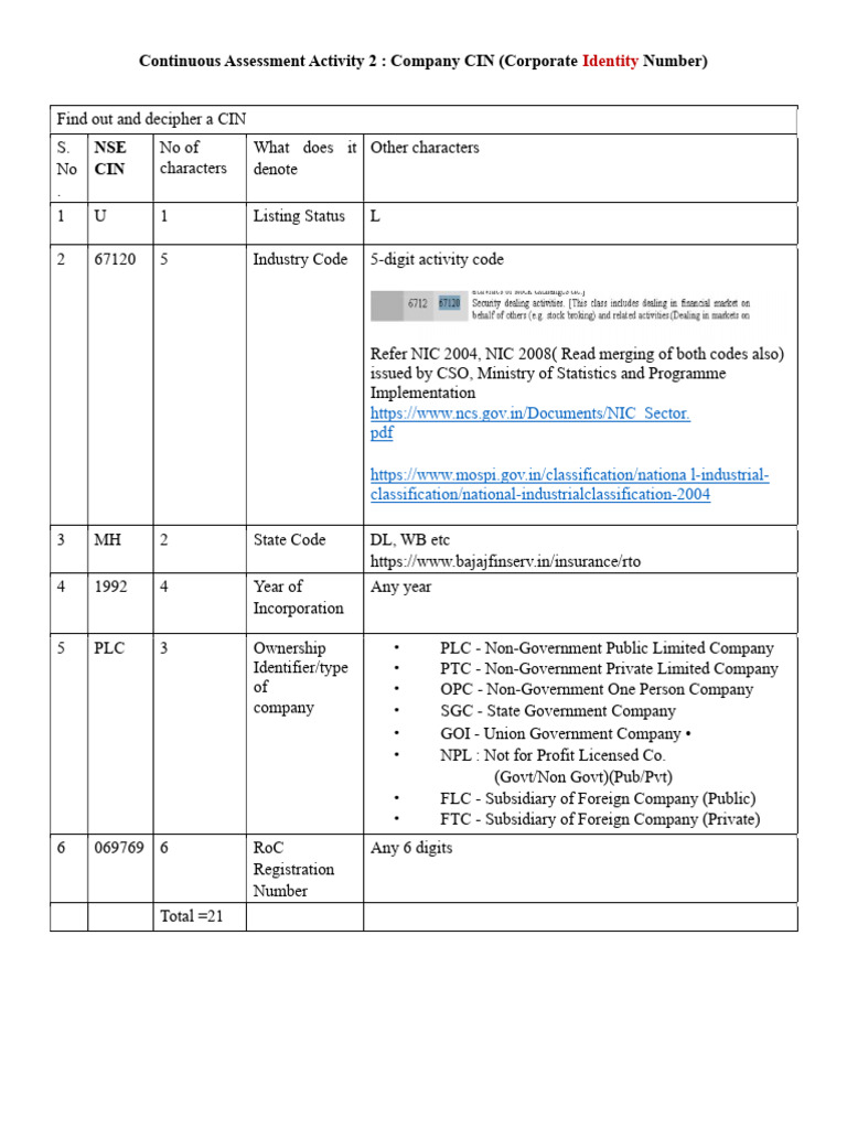 Continuous Assessment Activity 2: Company CIN (Corporate Number) | PDF