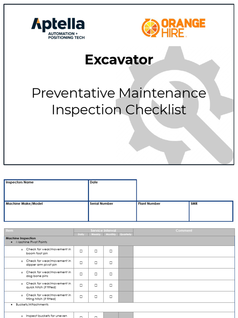 Excavator Preventative Maintenance Inspection Checklist Orange Hire ...