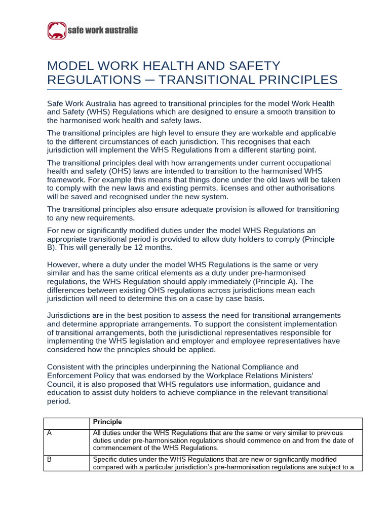WHS Regulations Transitional Principles Guide | PDF | Occupational ...