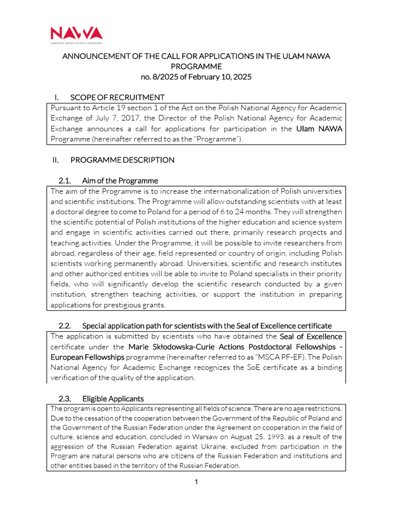 Call For Applications Ulam NAWA 2025 | PDF | Academic Degree | Doctorate