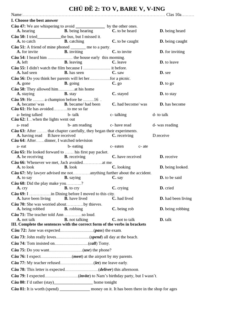CHỦ ĐỀ 2 TO V, BARE V ,VING | PDF