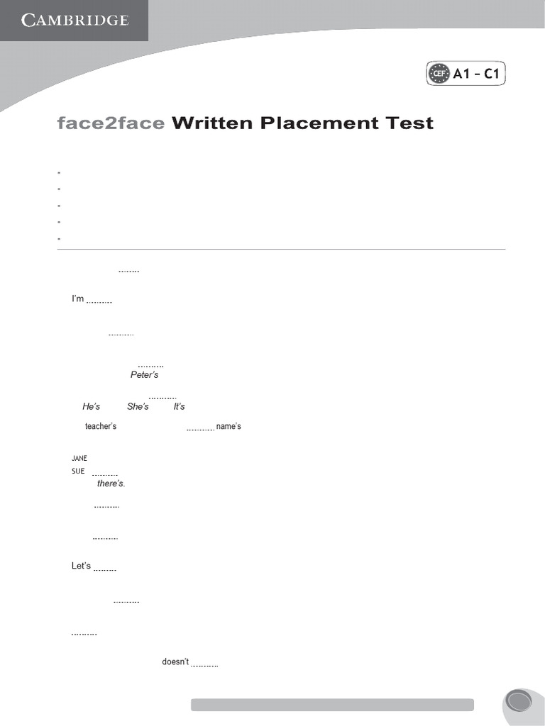 Face2Face Placement Test Questions | PDF