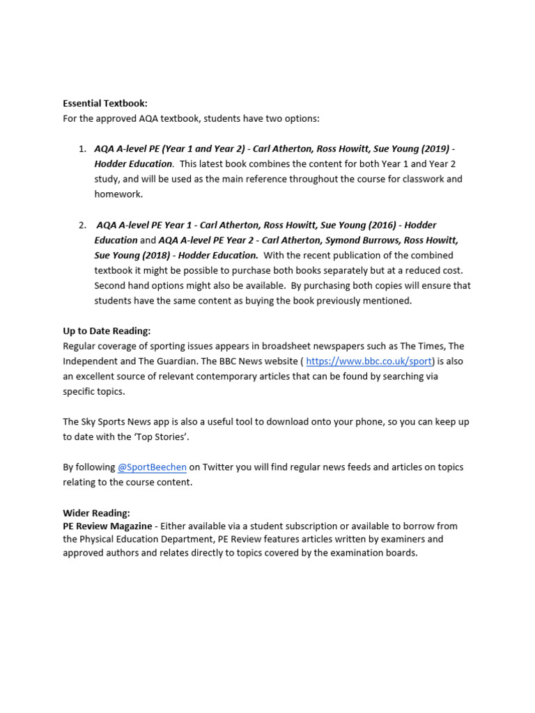 AQA A-level PE Reading List & Resources | PDF | Mass Media