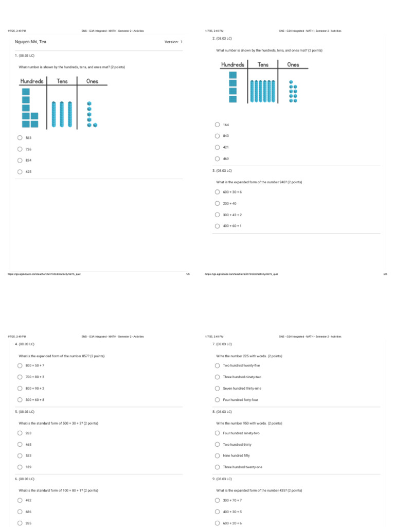 8.03 Quiz - SNS - G3A Integrated - MATH - Semester 2 - Activities | PDF