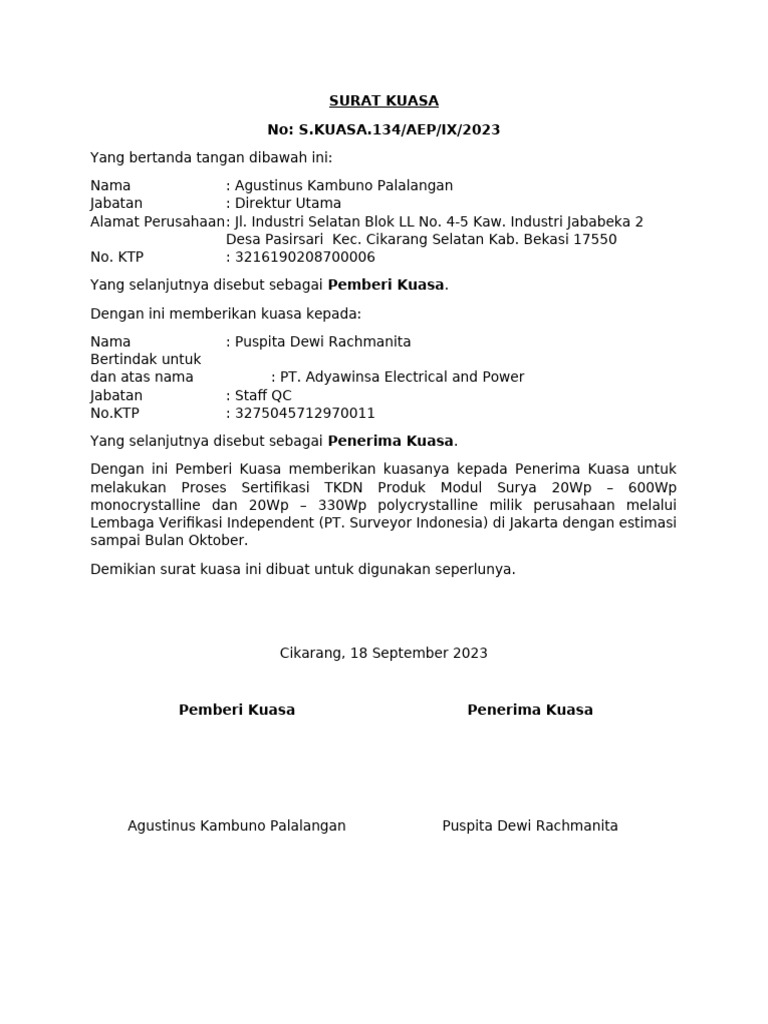Surat Kuasa Sertifikasi Produk Modul Surya | PDF