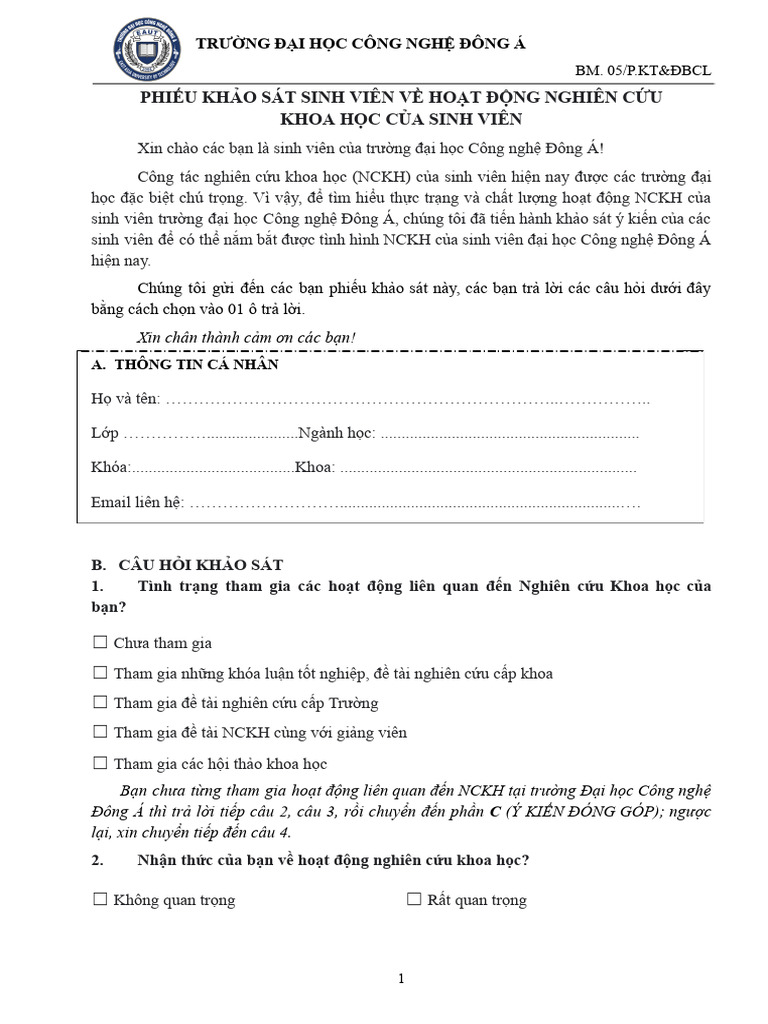 KHẢO SÁT SV về NCKH - BM.05-ĐHCNĐA.docx | PDF