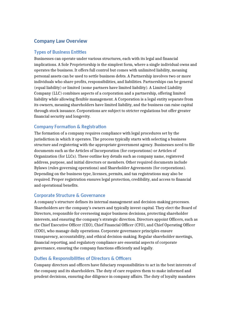 Company Law Overview | PDF | Limited Liability Company | Corporations