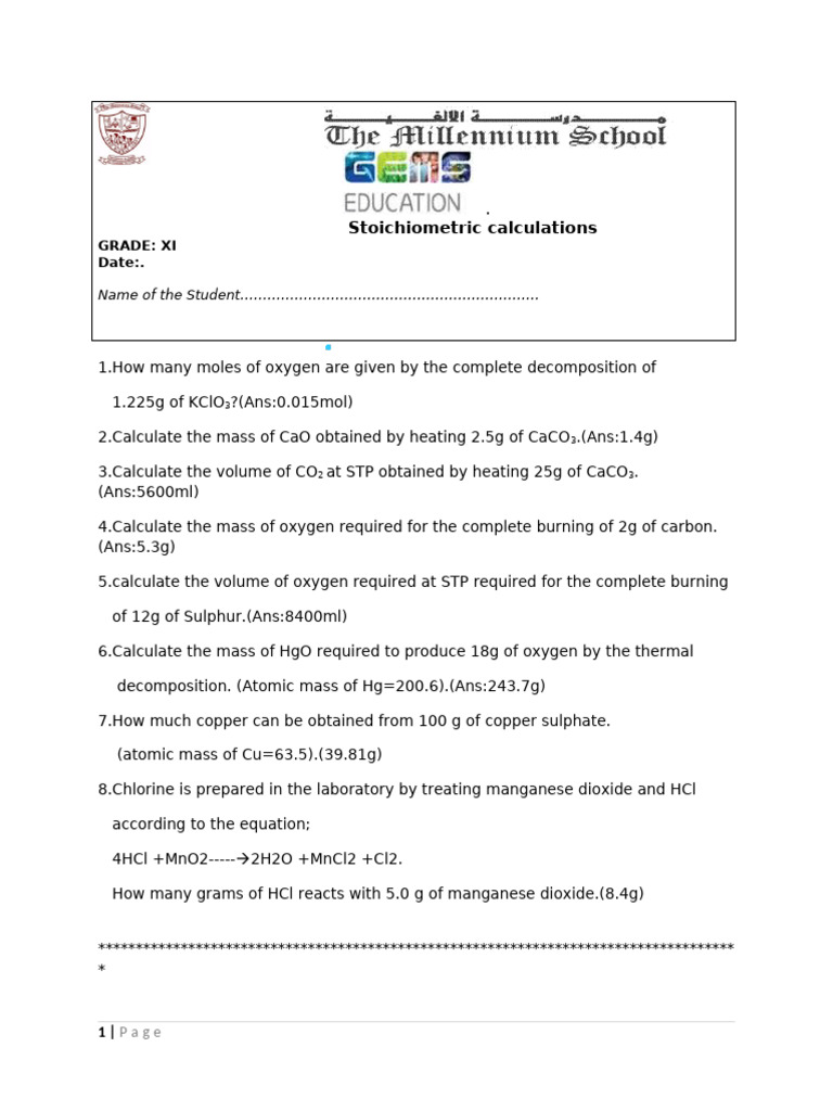Stoichiometric calculations-ws | PDF