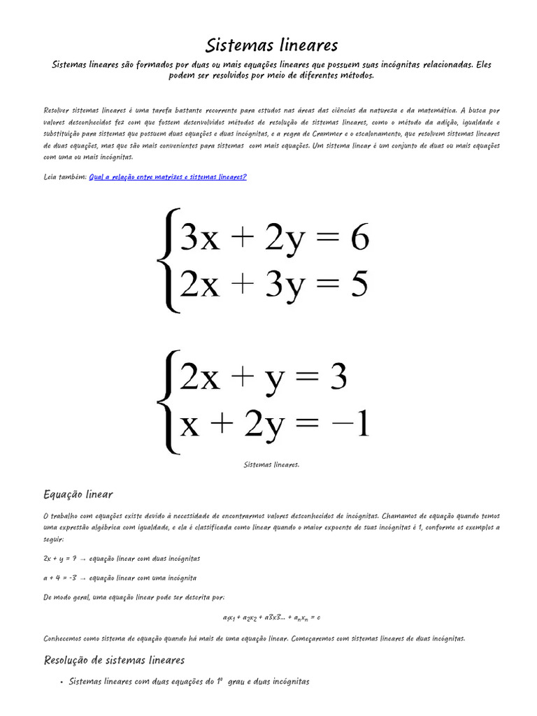 Métodos para Resolver Sistemas Lineares | PDF | Sistema de equações ...