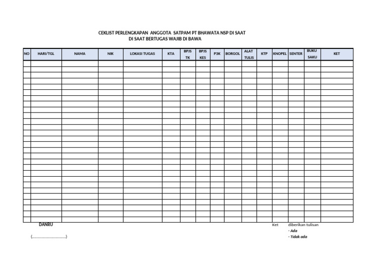 Checklist Perlengkapan Satpam Bhawata NSP | PDF