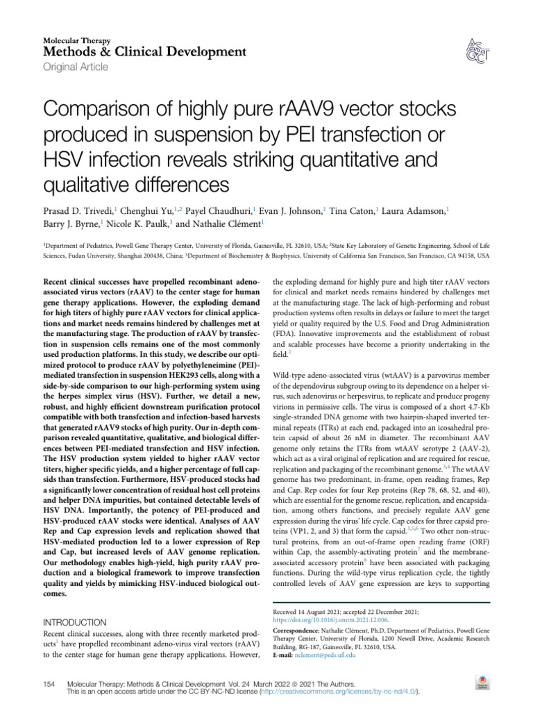 Clement, Comparison of Highly Pure rAAV9 Vector Stocks From HSV and PEI ...