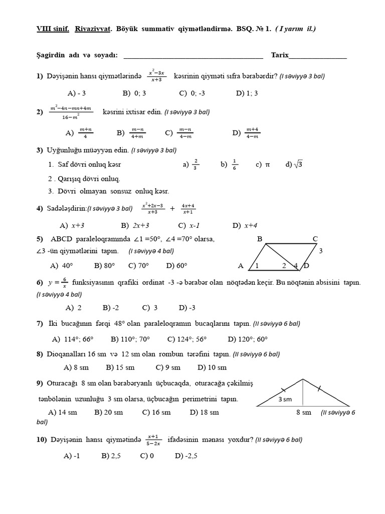 8 Sinif Riyaziyyat BSQ - 1 | PDF
