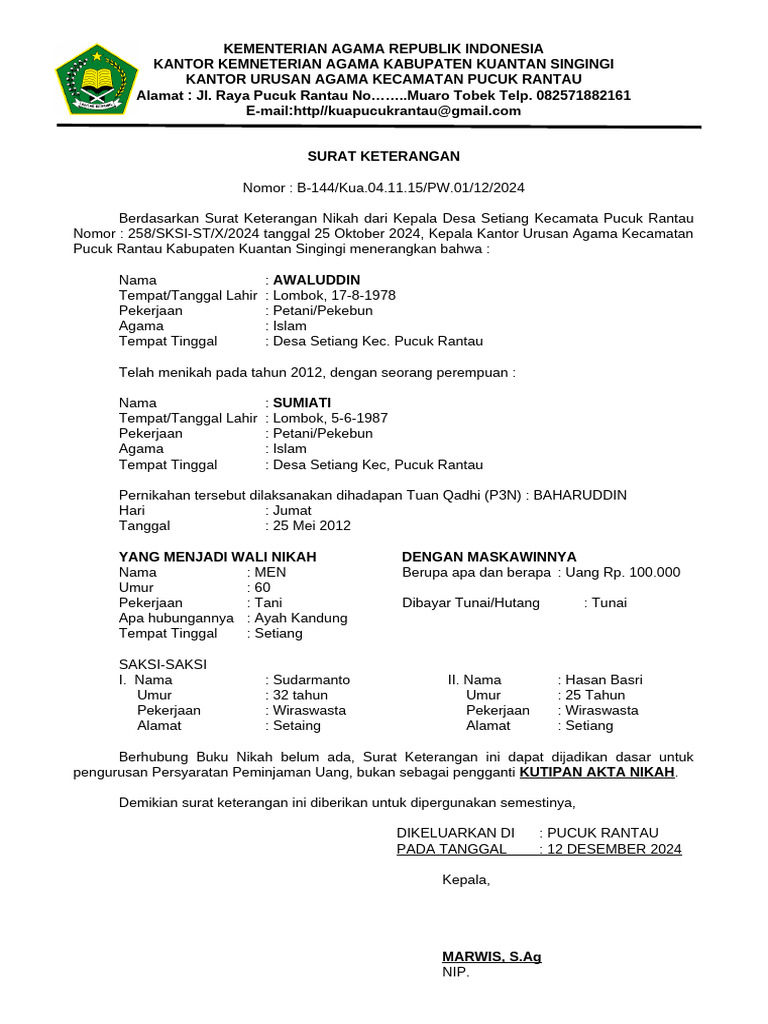 Surat Keterangan Nikah Dari Kua 2024 | PDF