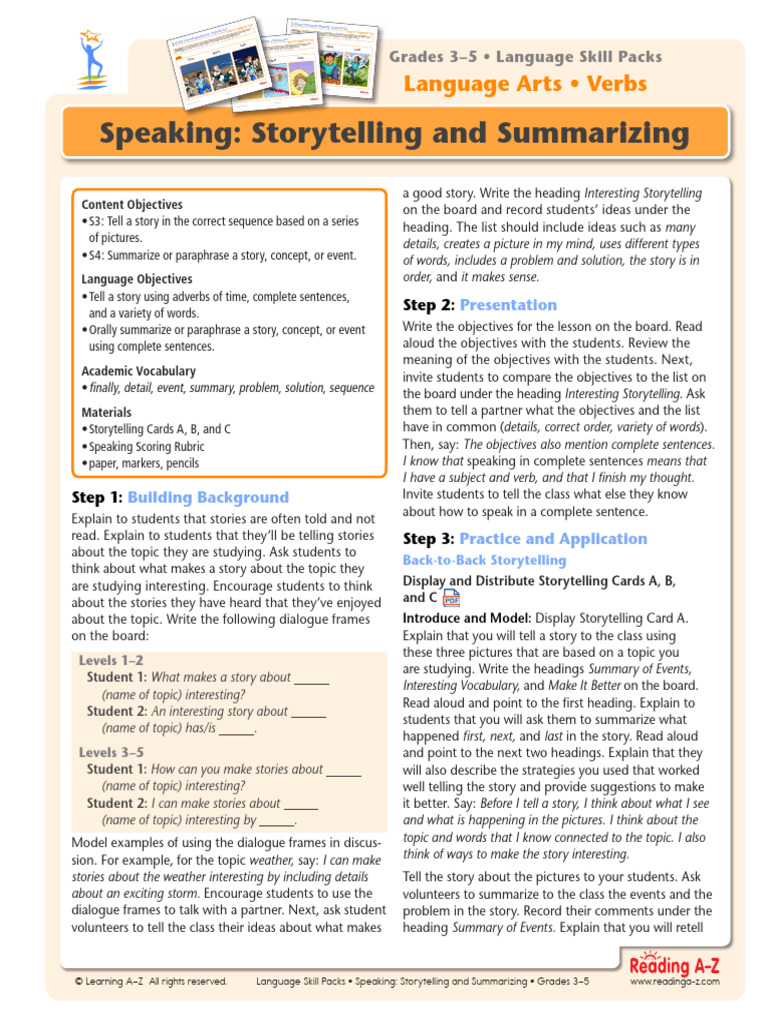 Ell gr35 Verbs Speak Storytelling and Summarizing | PDF | Storytelling | Vocabulary