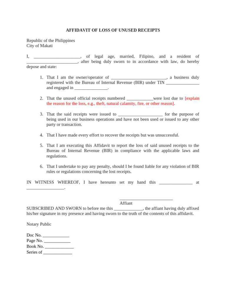 Affidavit for Lost Official Receipts | PDF