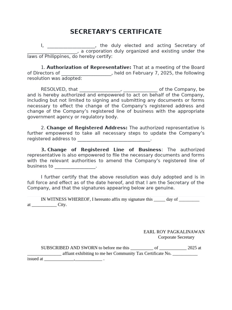 1secretarys Certificate Change of Address and Change of Line of ...